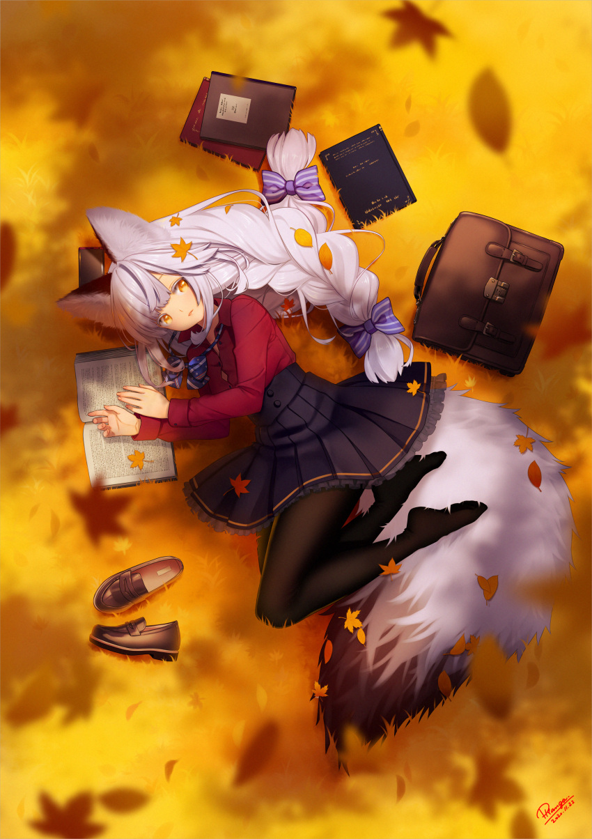 Safebooru - 1girl absurdres animal ear fluff animal ears autumn autumn leaves black legwear ...