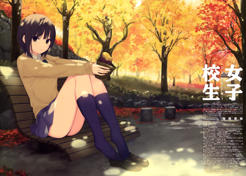 Safebooru - 1girl absurdres aoyama sumika artist name autumn leaves bangs bench black hair brown ...