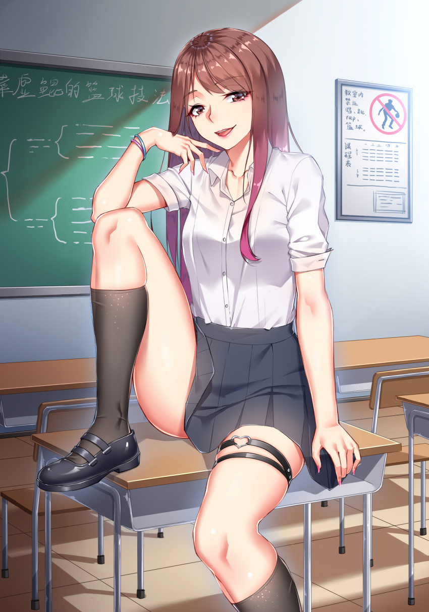 Safebooru - 1girl absurdres black footwear black legwear black skirt bracelet brown eyes brown ...