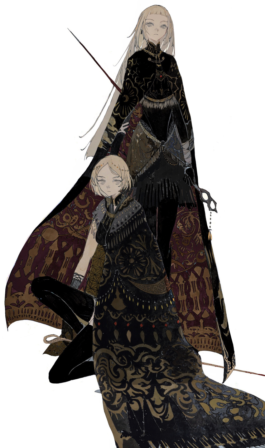 Safebooru - 2girls abstract absurdres bangs black legwear blonde hair blunt bangs cloak closed ...