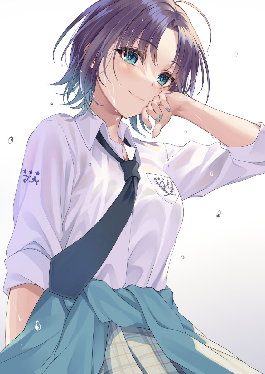 Safebooru - 1girl ahoge asakura tooru bangs blue eyes blush closed mouth clothes around waist ...
