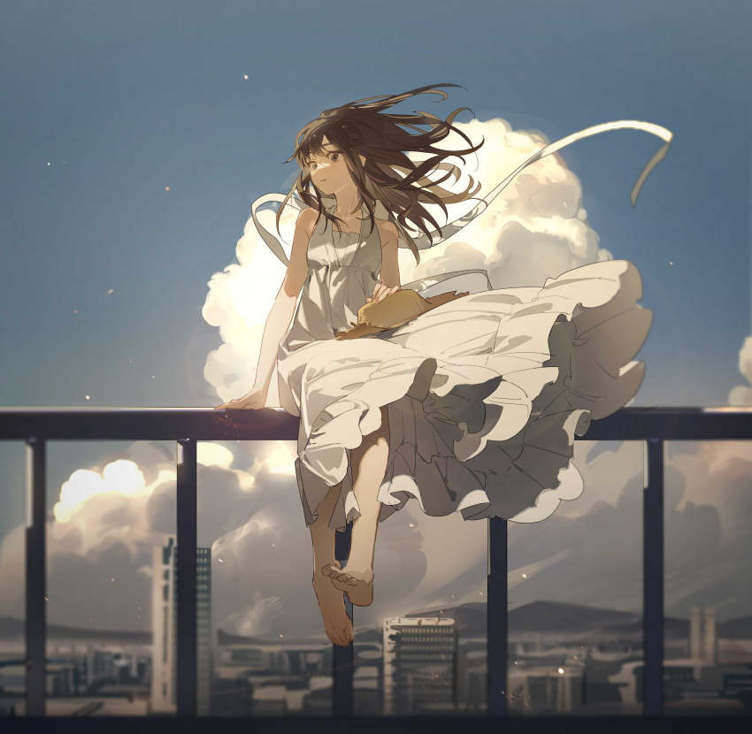 Safebooru - 1girl absurdres barrier blue sky brown eyes brown hair cityscape clouds dress hat ...