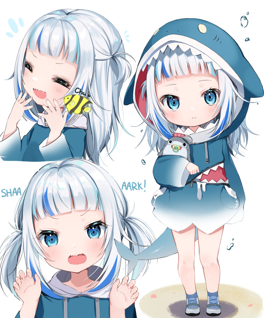 Safebooru - 1girl :d absurdres animal hood arm at side bangs bloop (gawr gura) blue eyes blue ...