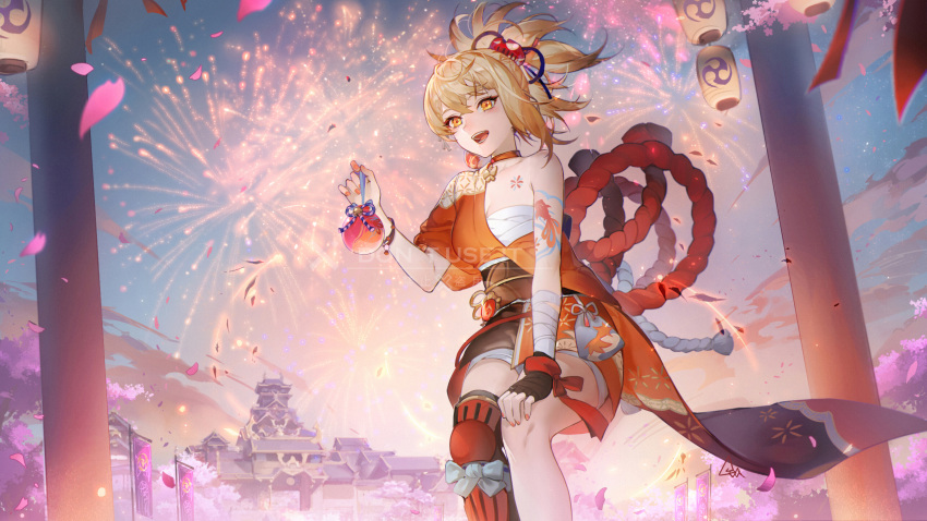 Safebooru - 1girl architecture bandaged arm bandaged leg bandages blonde hair choker east asian ...