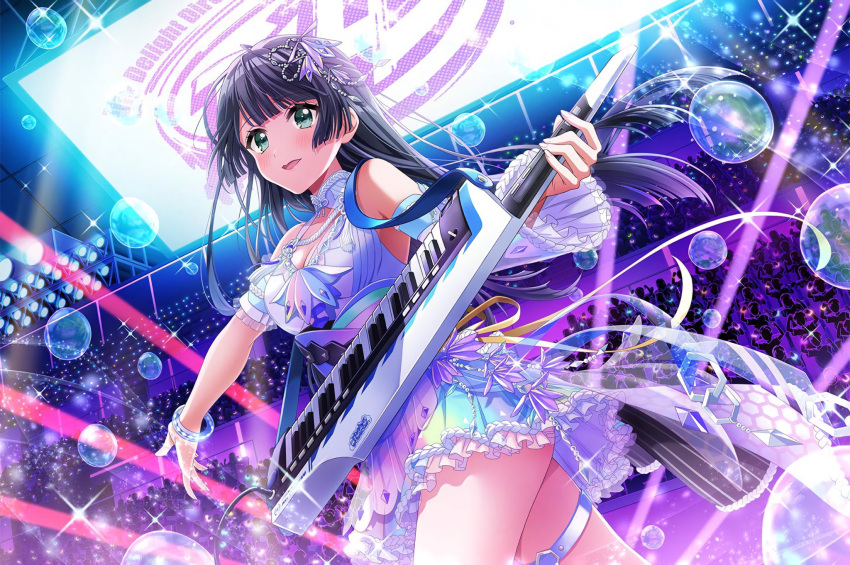 Safebooru - 1girl blush d4dj dress keyboard (instrument) long hair purple hair smile togetsu rei ...