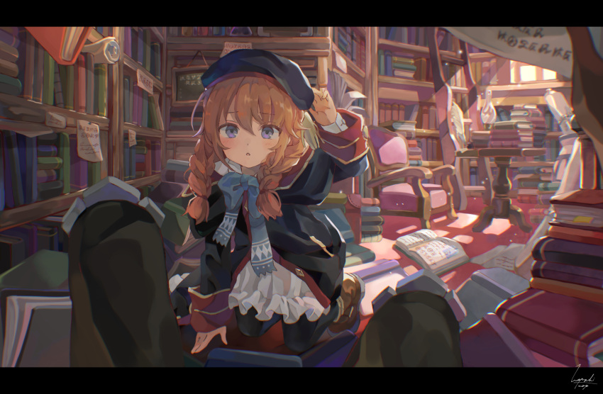 Safebooru - 1girl bangs beret black coat black headwear black legwear blue bow blue eyes blush ...