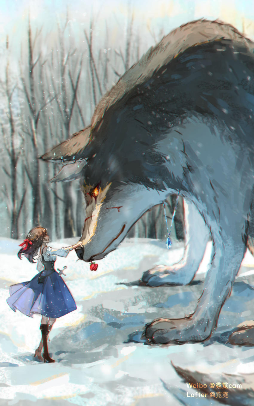 Safebooru - 1girl absurdres bare tree black footwear black hair bleeding blood blue skirt bow ...