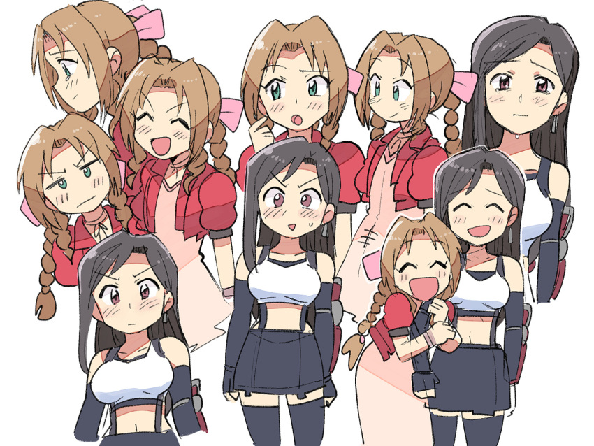 Safebooru - 2girls aerith gainsborough bangs bare shoulders black hair black legwear black skirt ...