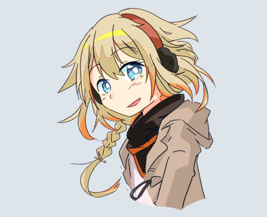 Safebooru - 1girl blonde hair blue background blue eyes braid brown coat cevio coat commentary ...