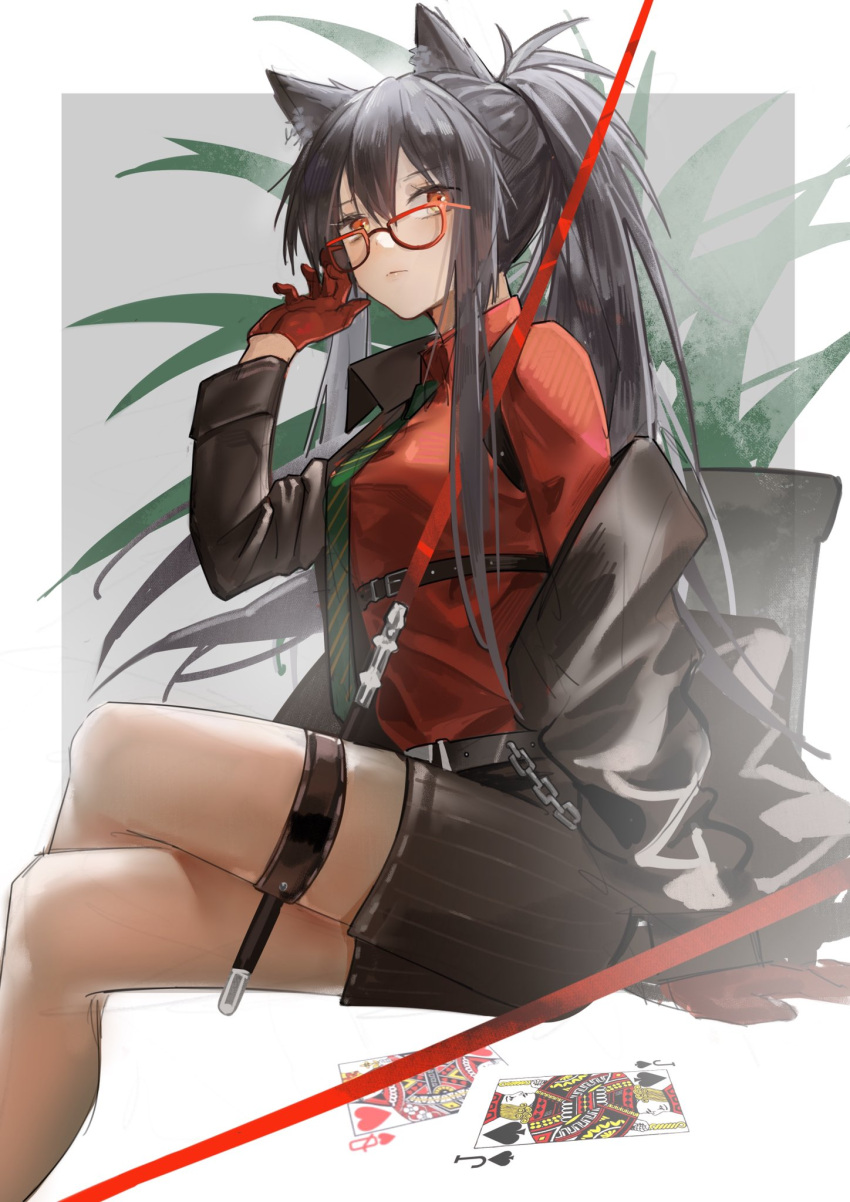 Safebooru - 1girl animal ears arknights arm up bespectacled black hair black jacket black shorts ...