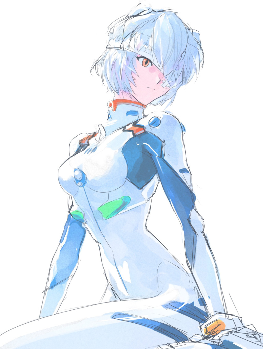 Safebooru - 1girl @ bystander ayanami rei bandages blue hair bodysuit highres interface headset ...
