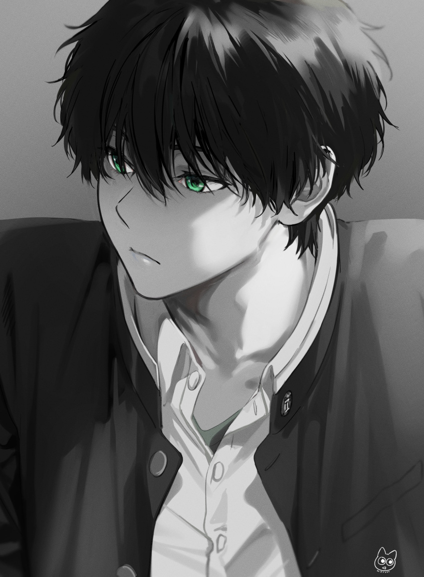 Safebooru - 1boy artist logo bangs black hair buttons close-up closed mouth collarbone collared ...