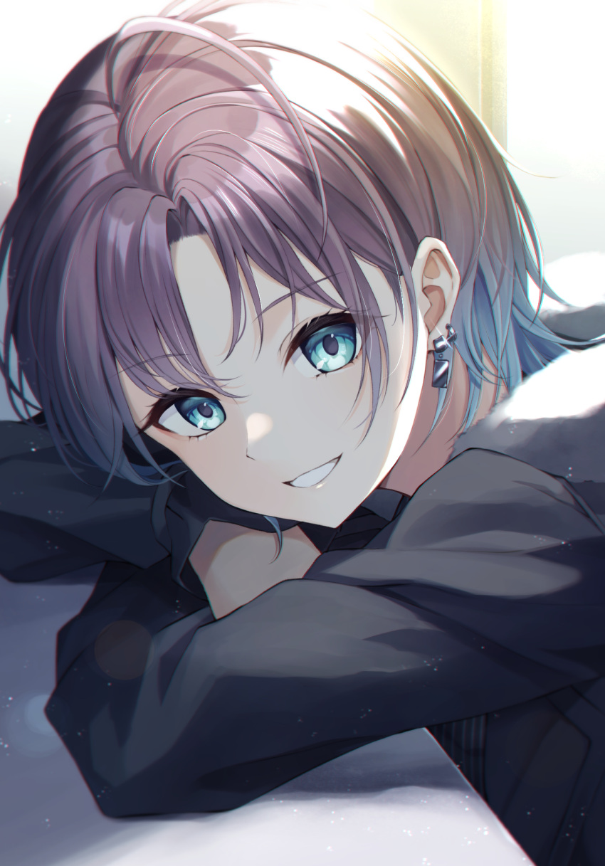 Safebooru - 1girl ahoge asakura tooru bangs black coat blue eyes coat earrings eyebrows visible ...