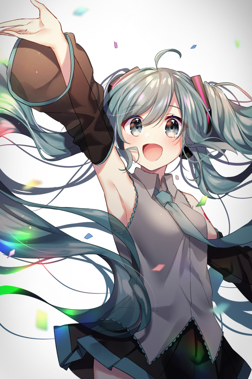 Safebooru - 1girl ahoge aqua eyes aqua hair aqua neckwear arm up armpits bare shoulders black ...
