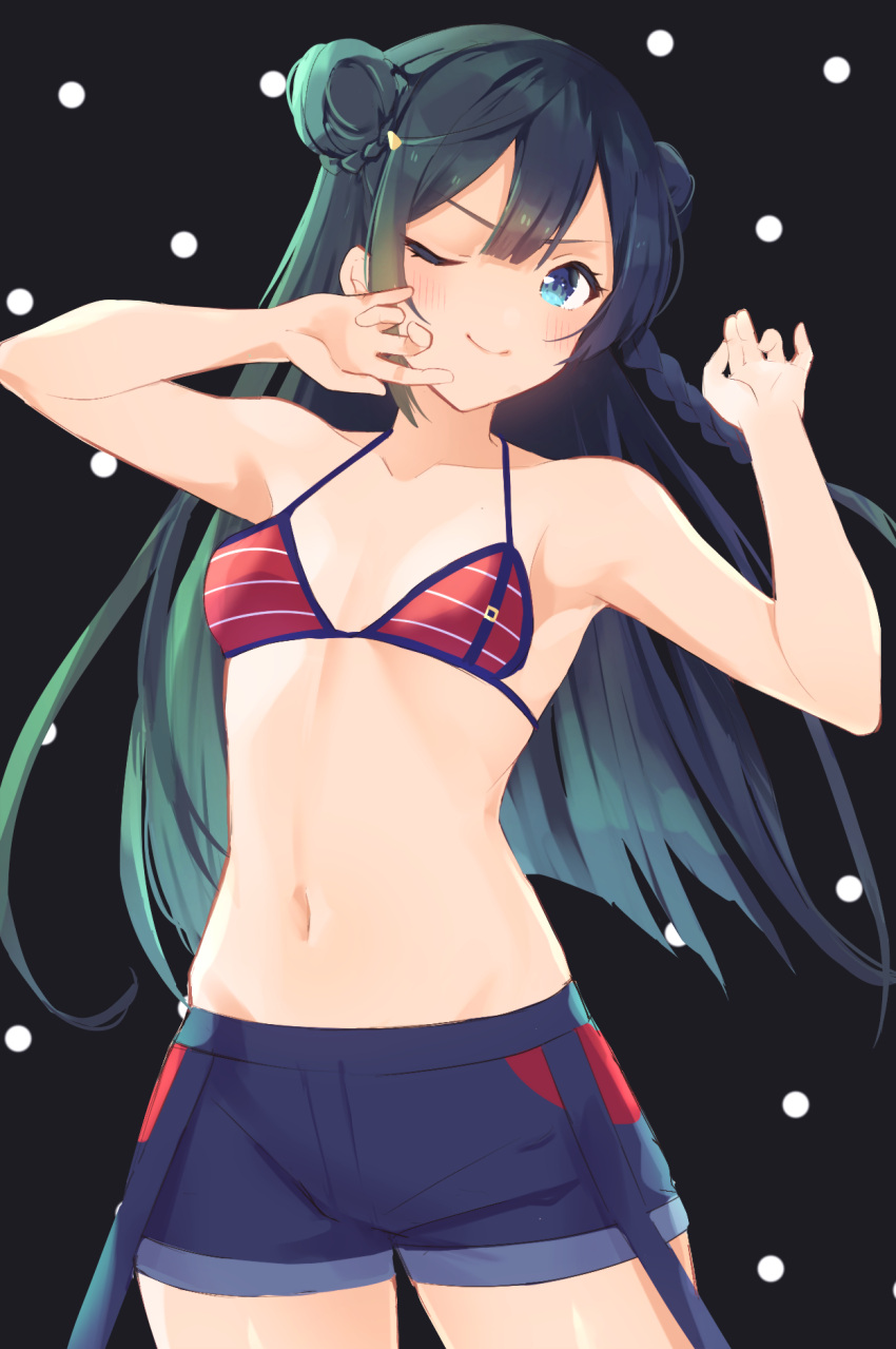 Safebooru - 1girl armpits arms up bare arms bare shoulders bikini black background black hair ...