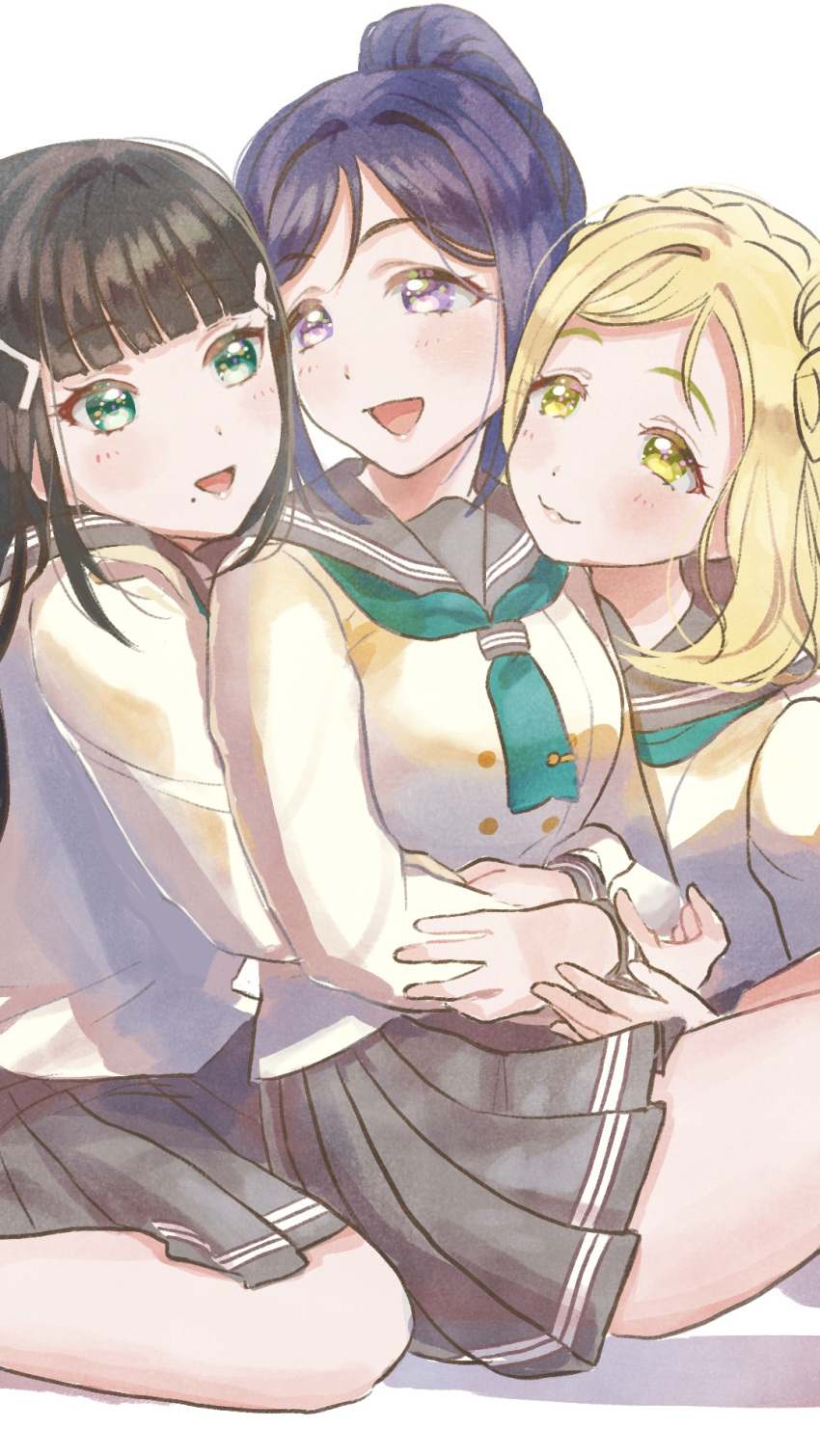 Safebooru - 3girls andou yui (tunamayo319) bangs black hair black skirt blonde hair blunt bangs ...