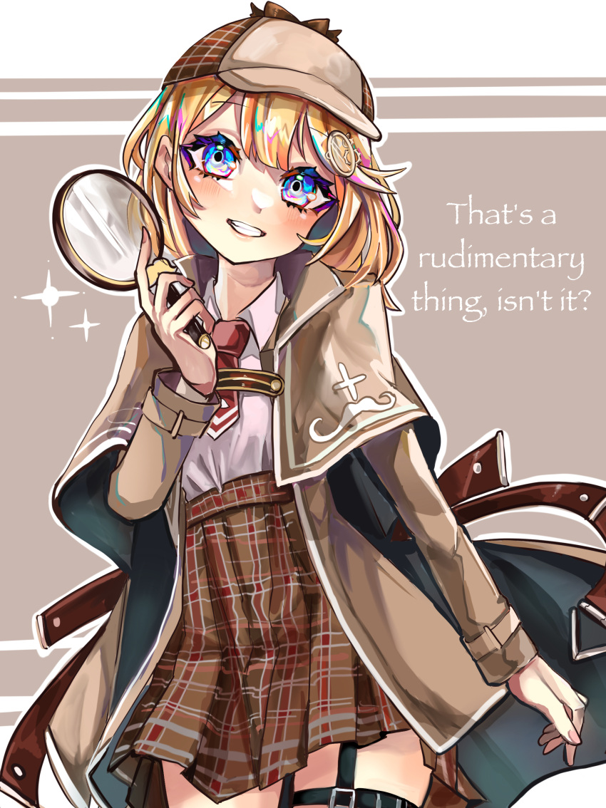 Safebooru - 1girl absurdres bangs blonde hair blue eyes blush capelet collared shirt deerstalker ...
