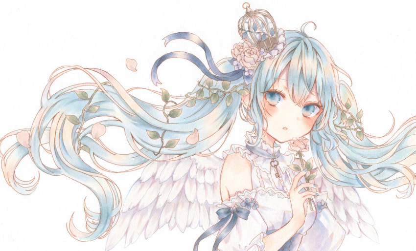 Safebooru 1girl O Angel Wings Aqua Eyes Aqua Hair Blue Ribbon Crown 7290