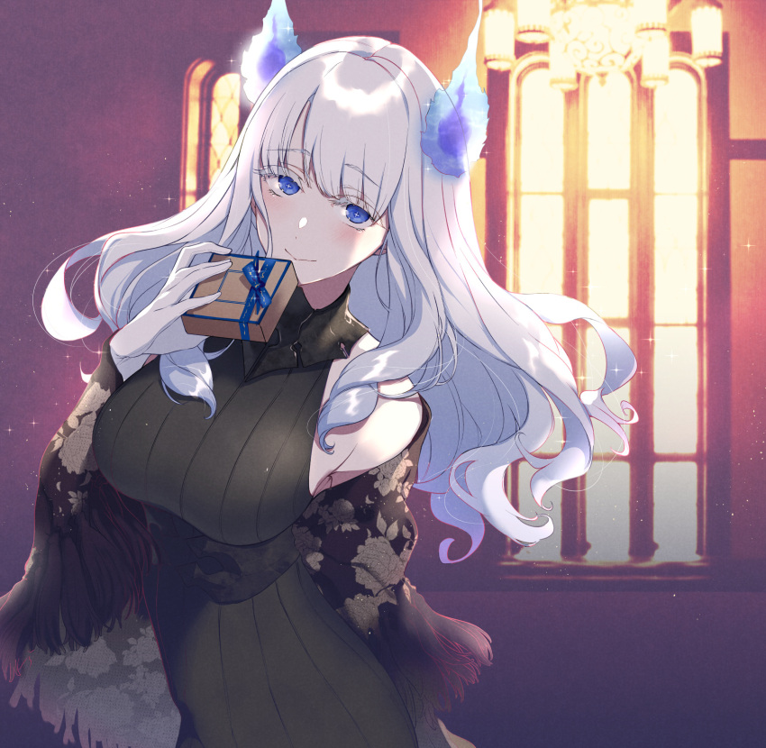 Safebooru 1girl Armpit Peek Bangs Black Dress Blue Eyes Box Breasts 5776