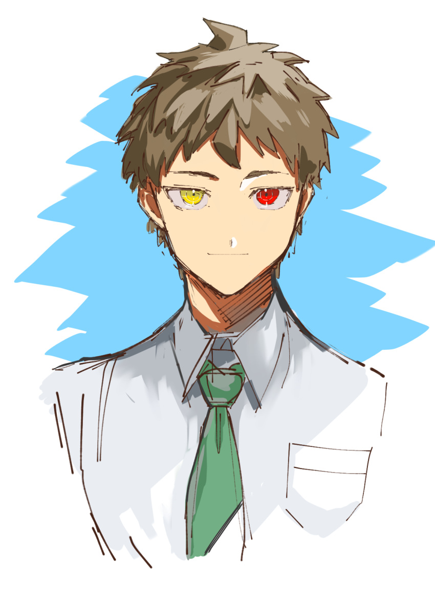 Safebooru - 1boy ahoge bangs blue background breast pocket brown hair collared shirt cropped ...