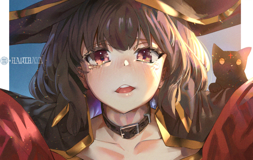 Safebooru - 1girl artist name bangs black cat black collar black dress blush border brown hair ...