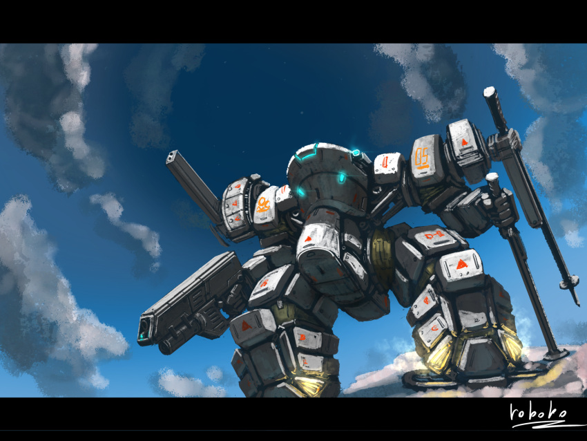 Safebooru - bottoms1237 clouds gun handgun highres holding holding gun ...