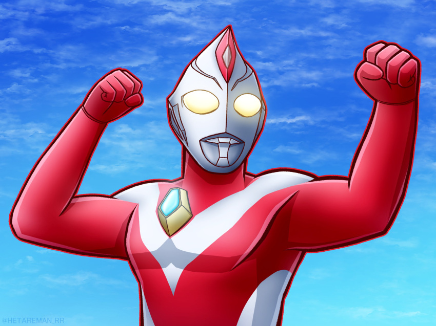 Safebooru - 1boy alien arms up blue sky clenched hands clouds cloudy ...