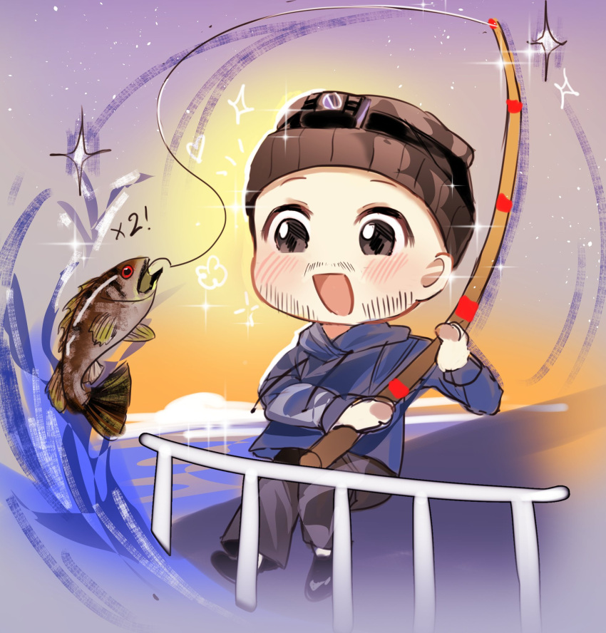 Safebooru - 1boy black shoes blue jacket brown eyes brown hat chibi ...