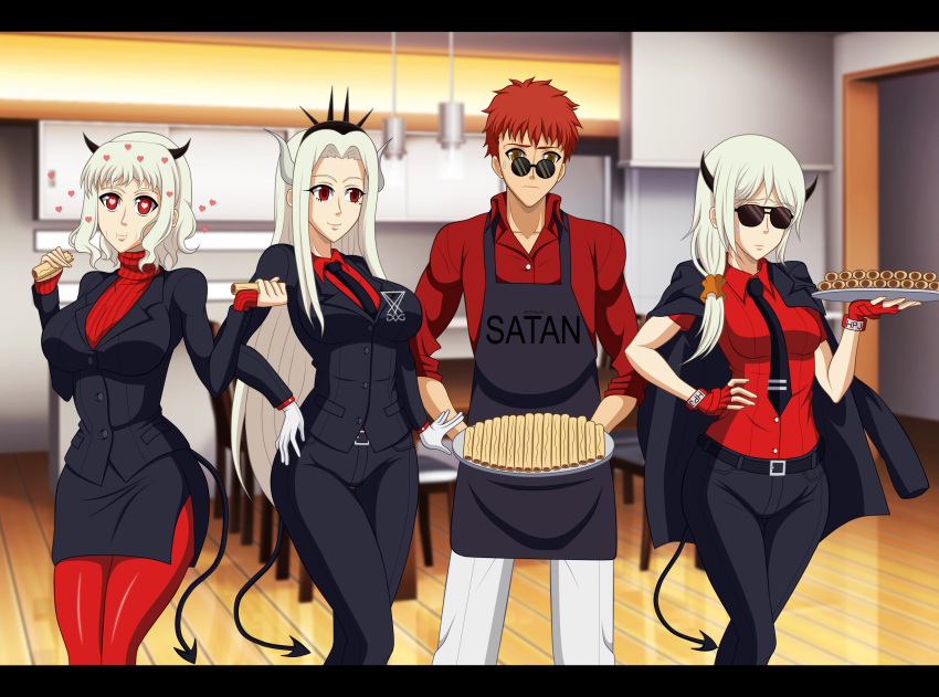 Safebooru - 1boy 3girls absurdres apron belt black apron black necktie ...