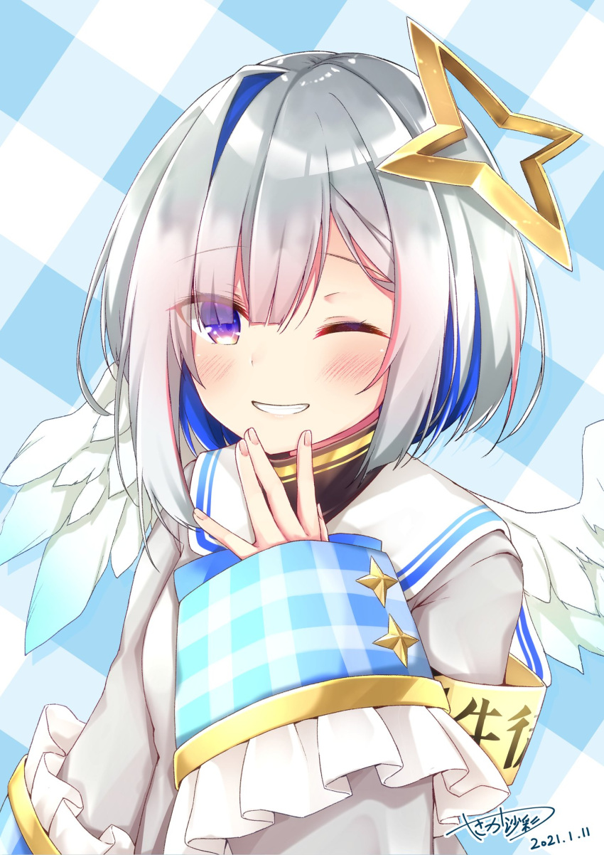 Safebooru - 1girl amane kanata angel angel wings blue eyes blue hair colored inner hair dress ...