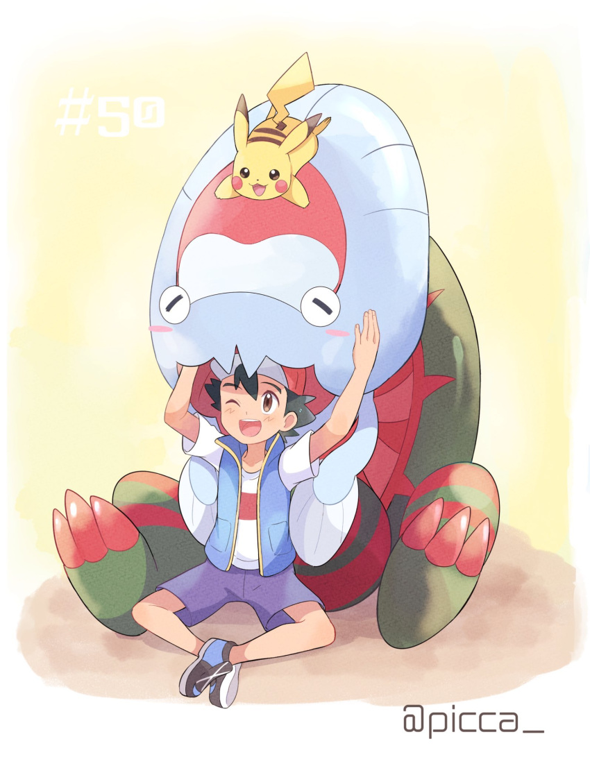 Safebooru - 1boy ;d arms up ash ketchum bangs baseball cap black hair blue jacket brown eyes ...