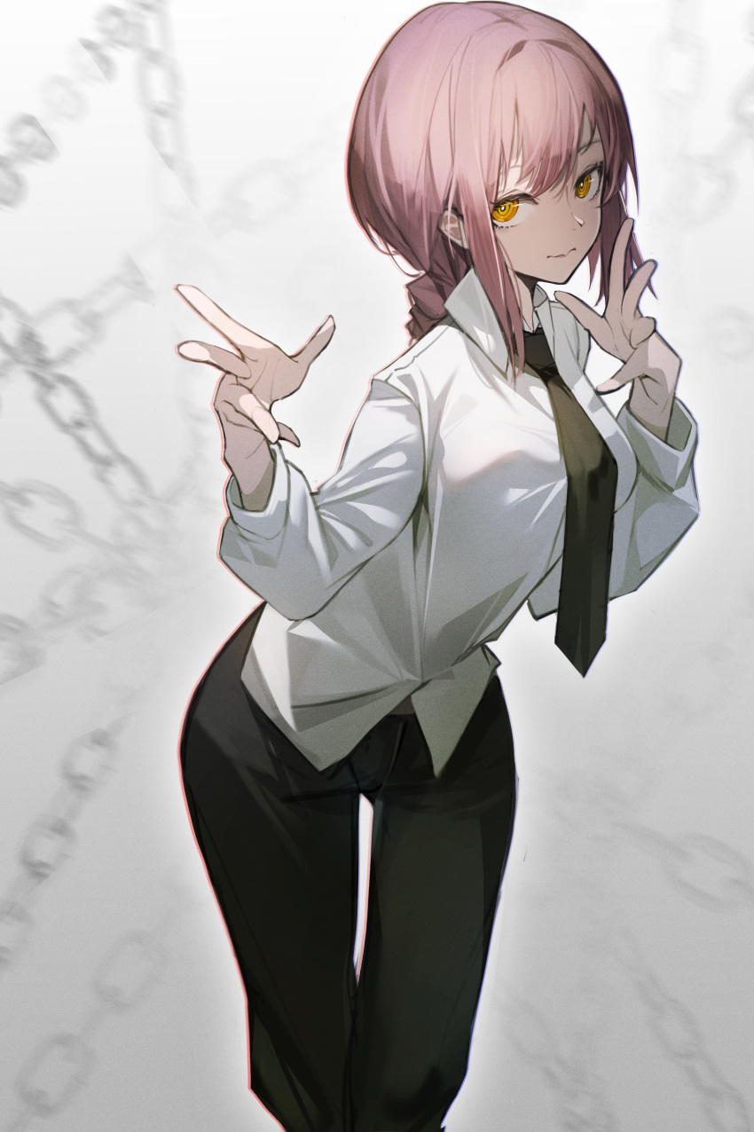 Safebooru - 1girl absurdres bangs black neckwear black pants braid chain chainsaw man closed ...