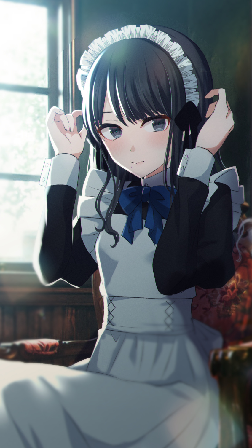 Safebooru - 1girl alternate costume apron bangs black eyes black hair bow bowtie chair ...