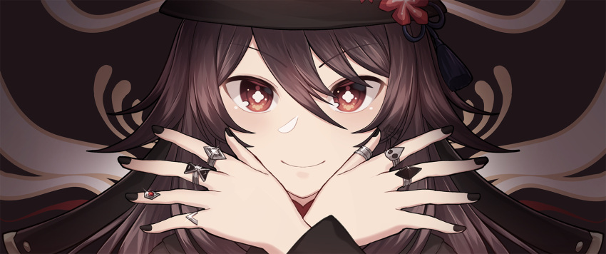Safebooru - 1girl black headwear black nails brown hair eyebrows visible through hair face ...