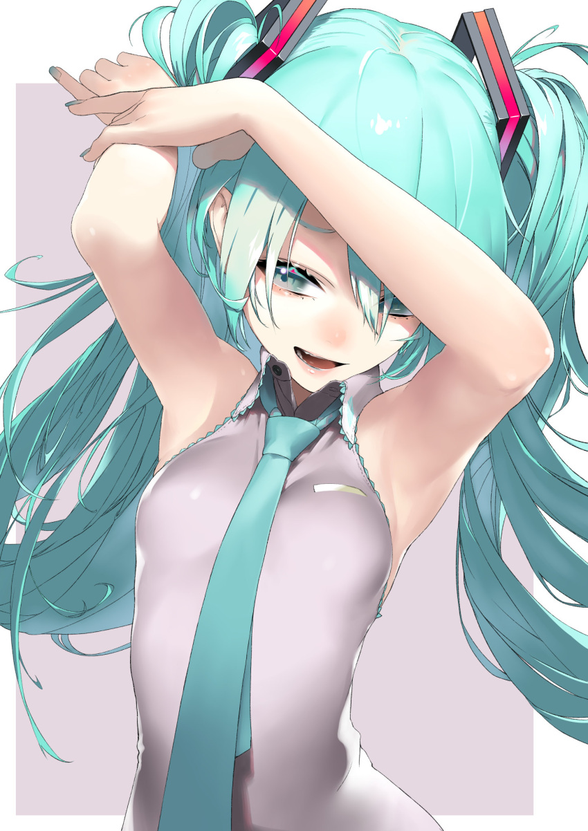 Safebooru - 1girl aqua hair aqua nails aqua neckwear armpits arms up bare arms bare shoulders ...