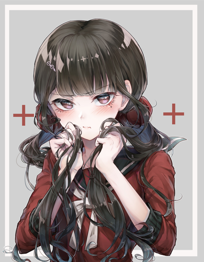 Safebooru - 1girl bangs blunt bangs blush brown hair closed mouth commentary request dangan ...