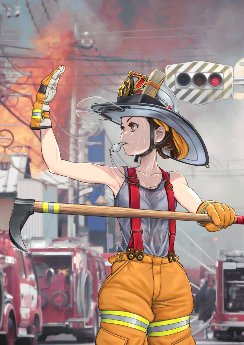 Safebooru - 1girl brown hair firefighter firetruck gloves hot red eyes ...