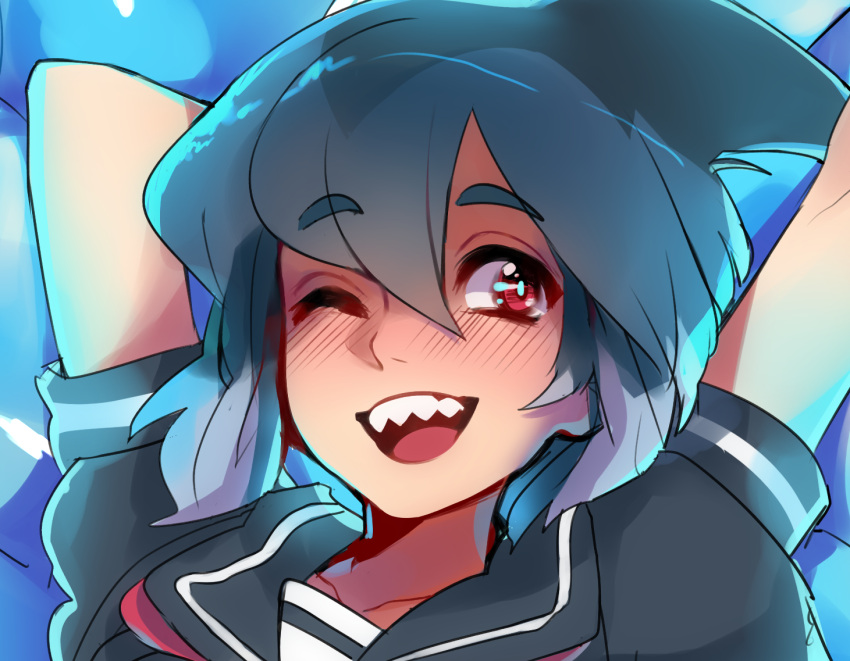 Safebooru - 1girl :d azuumori black sailor collar black shirt blue hair blue pupils blush bright ...