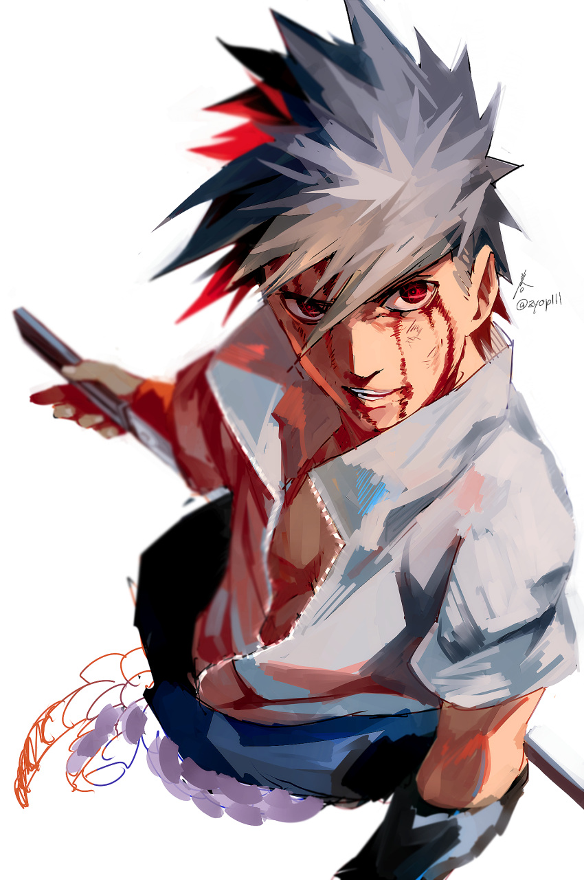 Safebooru - 1boy bare pecs belt black hair blood blood on face bloody ...