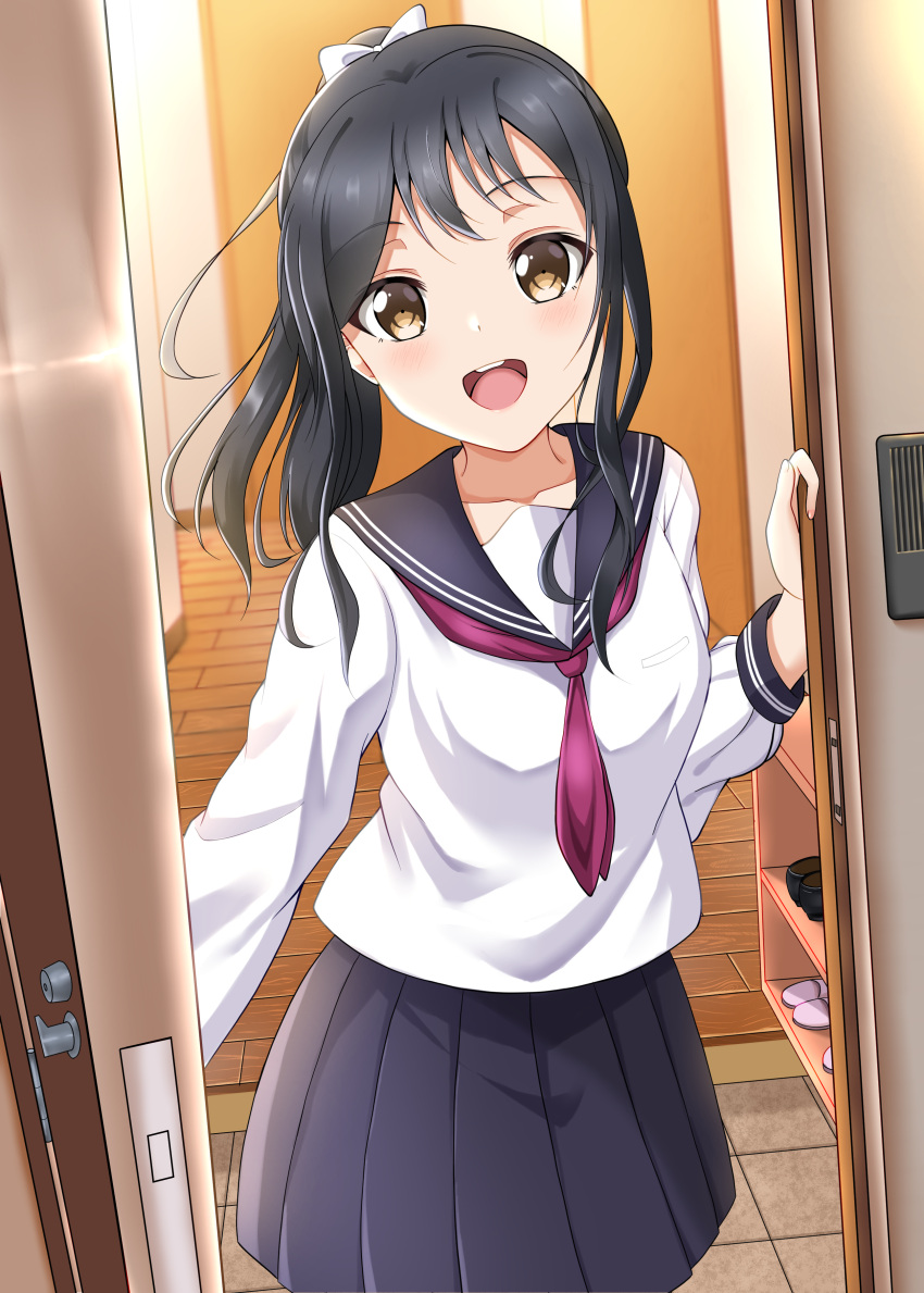 Safebooru - 1girl :d absurdres arm up black hair black skirt blue sailor collar breasts brown ...