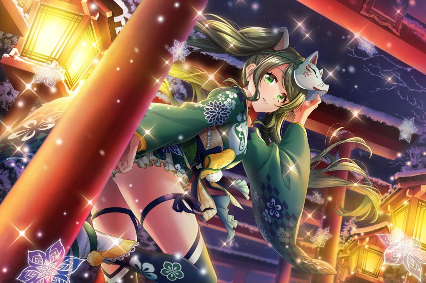 Safebooru - blue eyes blush d4dj green hair kimono long hair shimizu esora smile twintails | 3342974