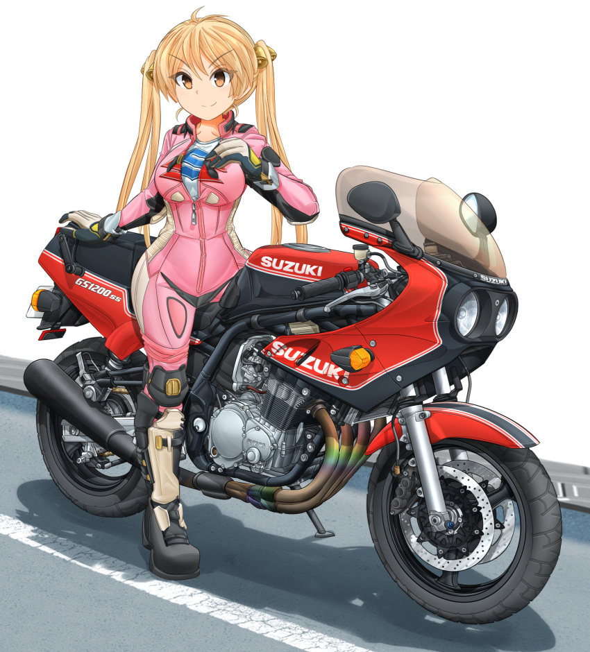 Safebooru - 1girl bakuon!! bell biker clothes bikesuit blonde hair bodysuit boots brown eyes ...