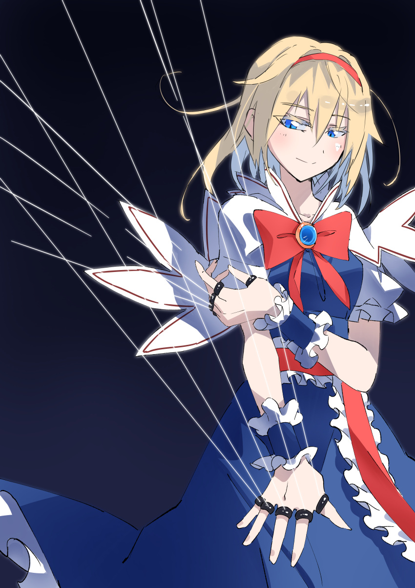 Safebooru - 1girl absurdres alice margatroid black background blonde hair blue dress blue eyes ...