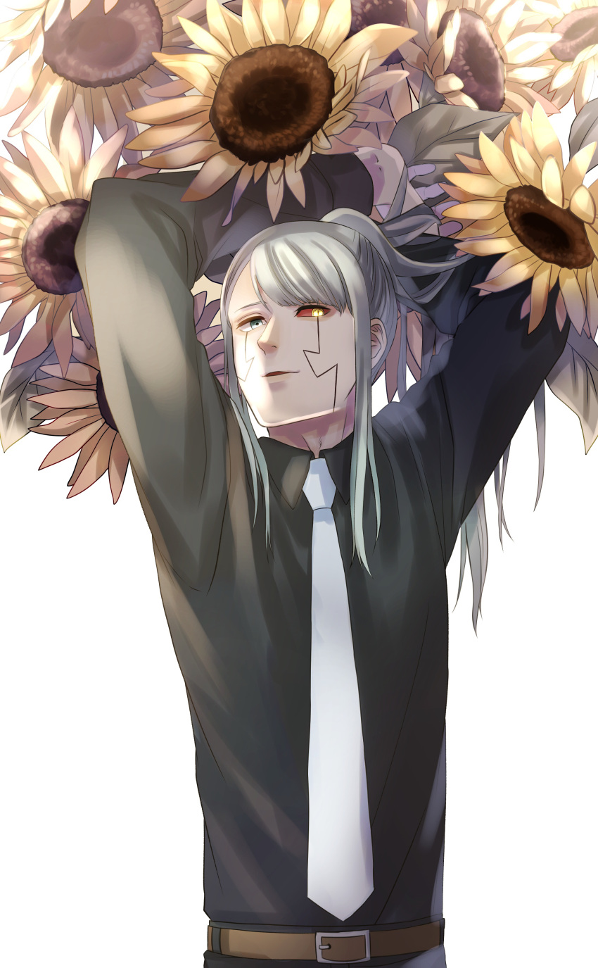 Safebooru - 1boy absurdres abyss razor arms up bangs belt black shirt ...