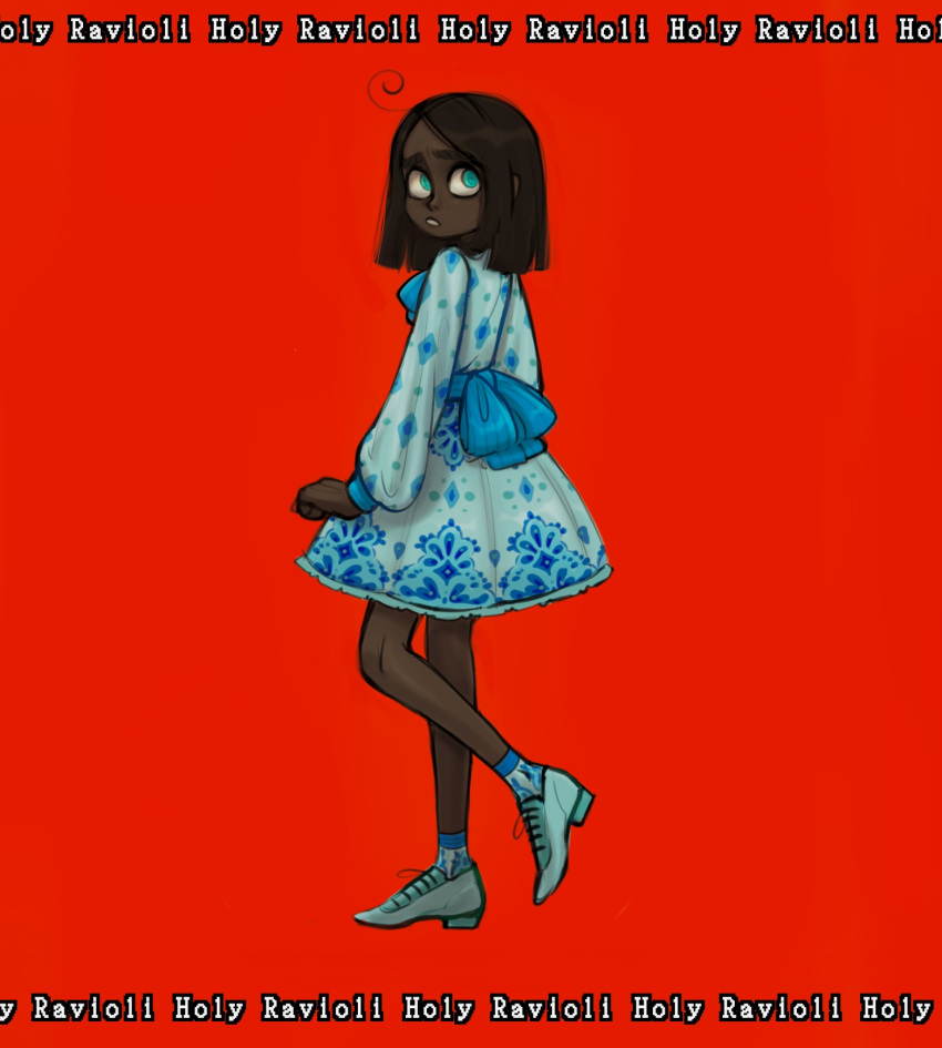 Safebooru - 1girl ahoge arms at sides artist name blue dress blue eyes ...