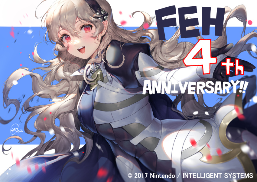 Safebooru - 1girl anniversary armor black armor blue background blue ...