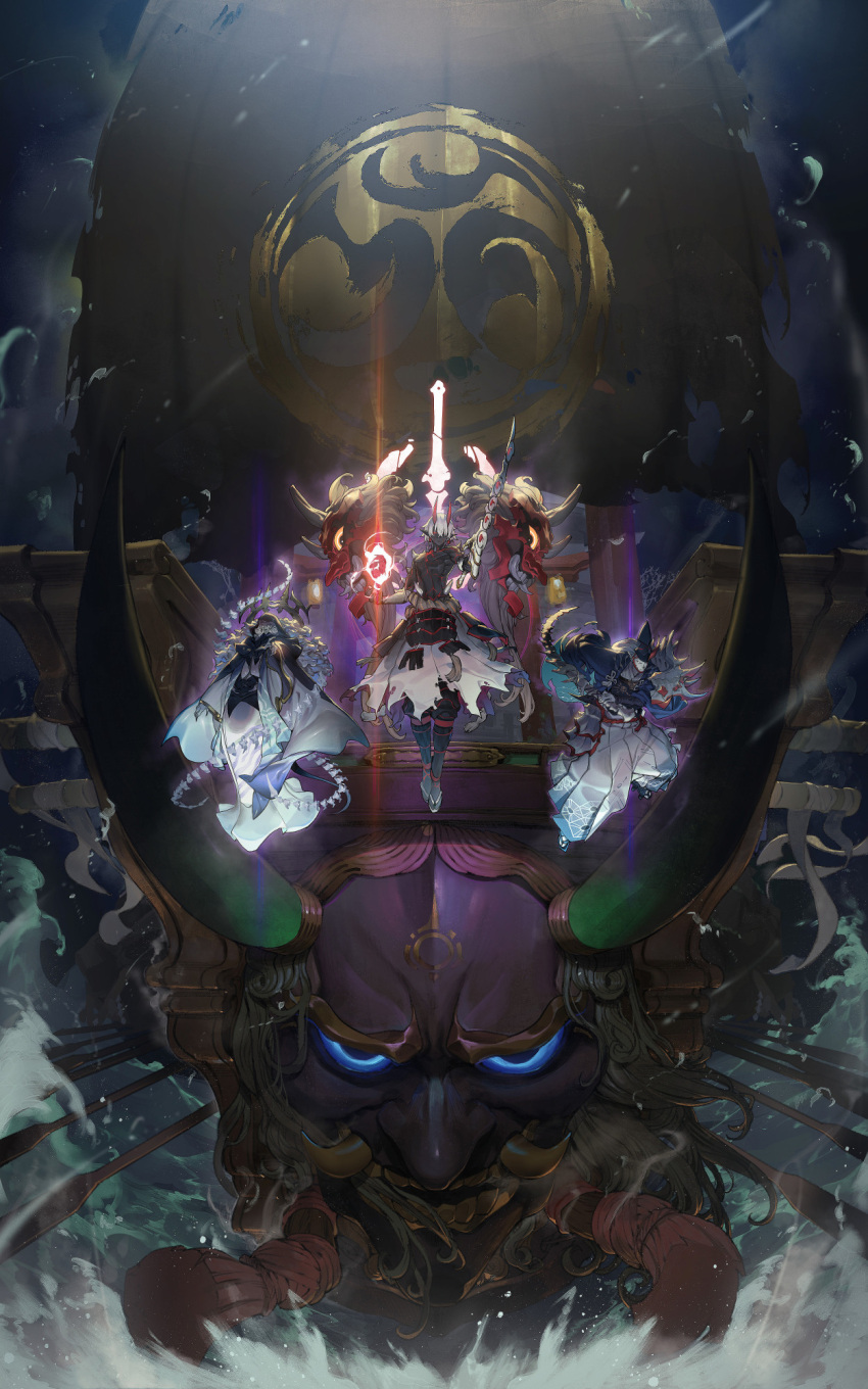 Safebooru - 1girl 2boys armor colored skin copyright request floating ...