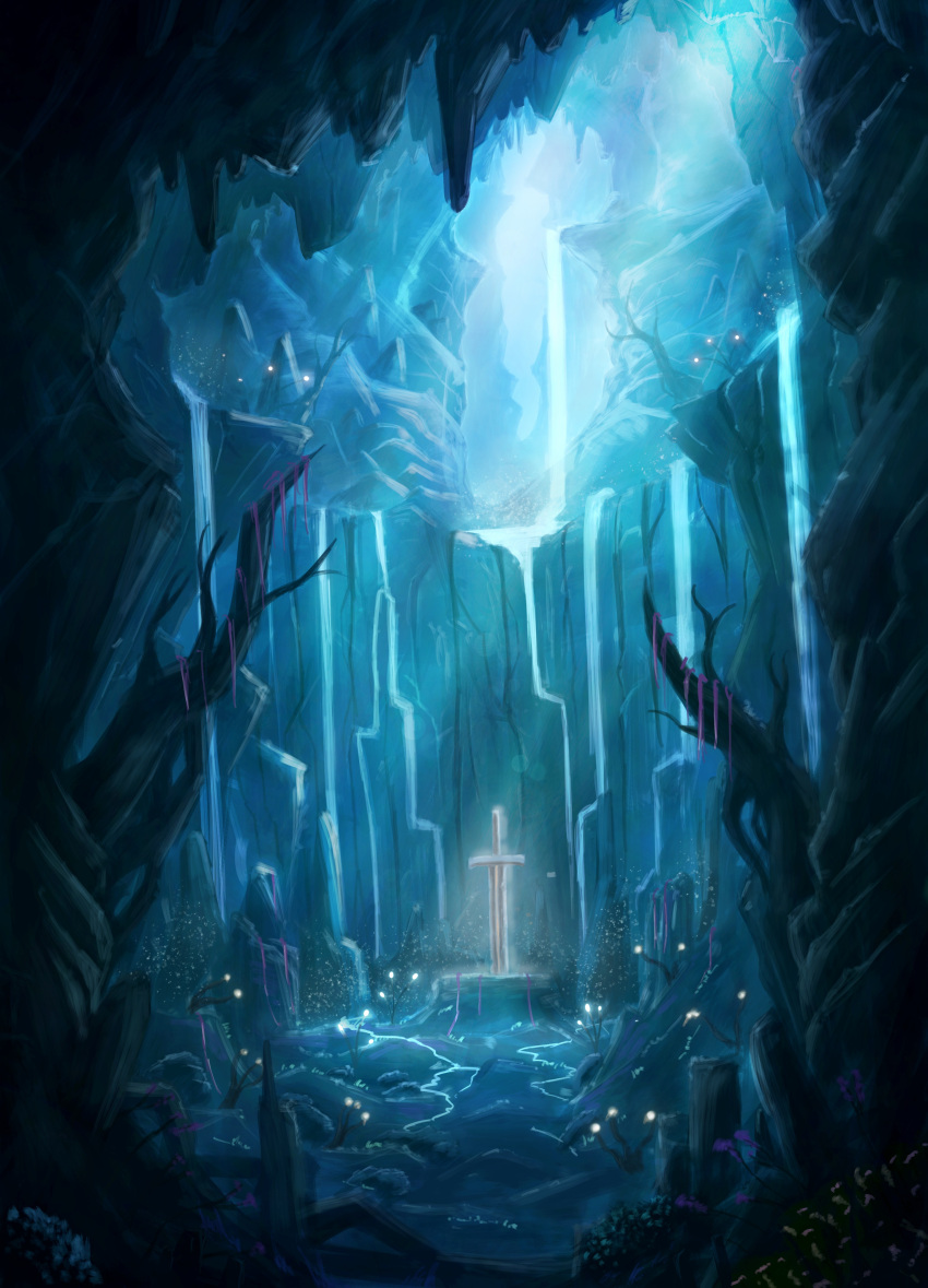 Safebooru - absurdres blue theme cave fantasy highres original planted ...