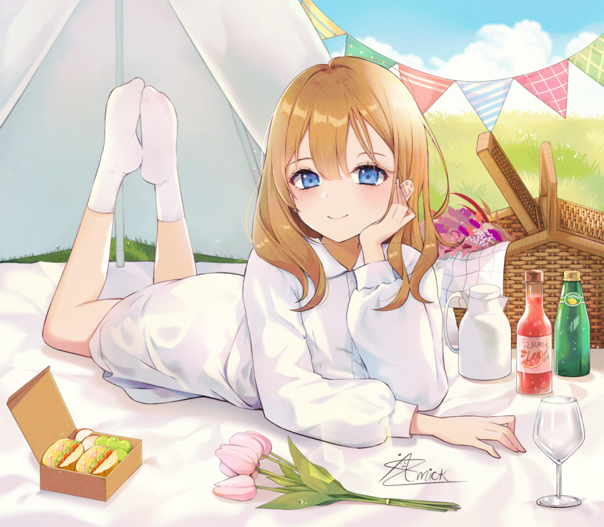 Safebooru - 1girl amick (americanomix) artist name bangs blanket blonde hair blue eyes dress ...