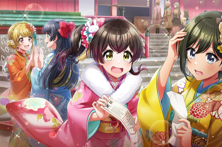 Safebooru - 4girls black hair blush d4dj green eyes kimono long hair official art ohnaruto muni ...